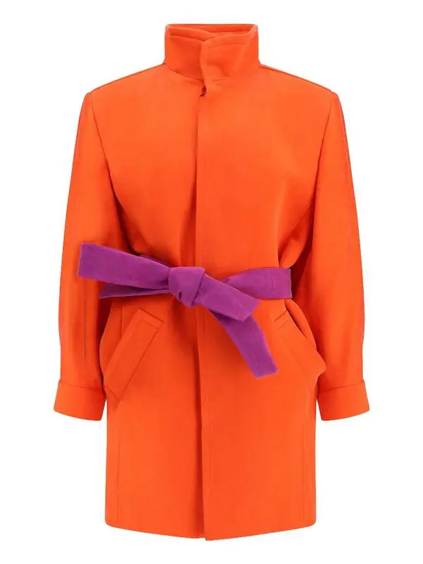Saint Laurent Belted Stonewash Silk Satin Coat - Orange