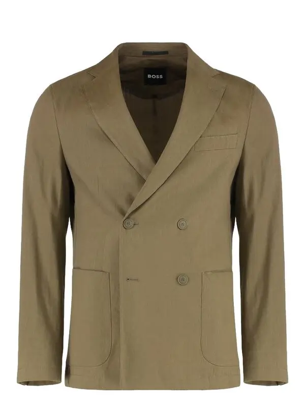 BOSS Double-breasted Linen Blend Jacket - Green