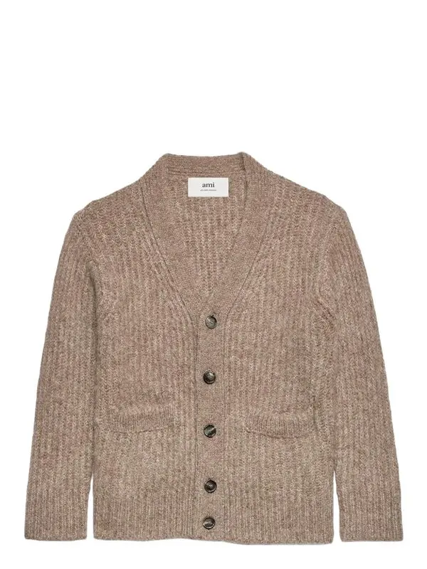 Ami V-neck Rib-knit Cardigan - Beige