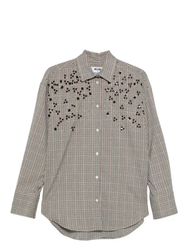 MSGM Check Pattern Shirt With Embroidered Floral Details - White