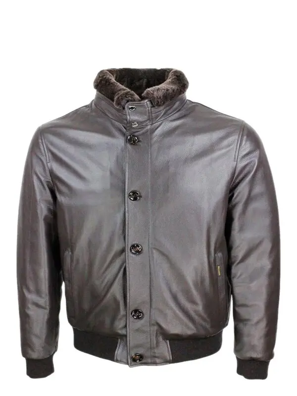 MOORER Leather Bomber Jacket With Detachable Fur Collar - Brown