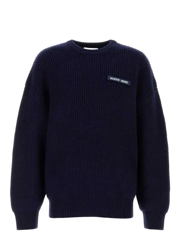 MARINE SERRE Half Cardigan Knit Crewneck Sweater - Navy