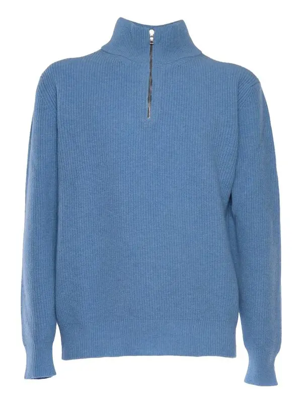 BALLANTYNE Ribbed Wool Half-zip Pullover - Blue