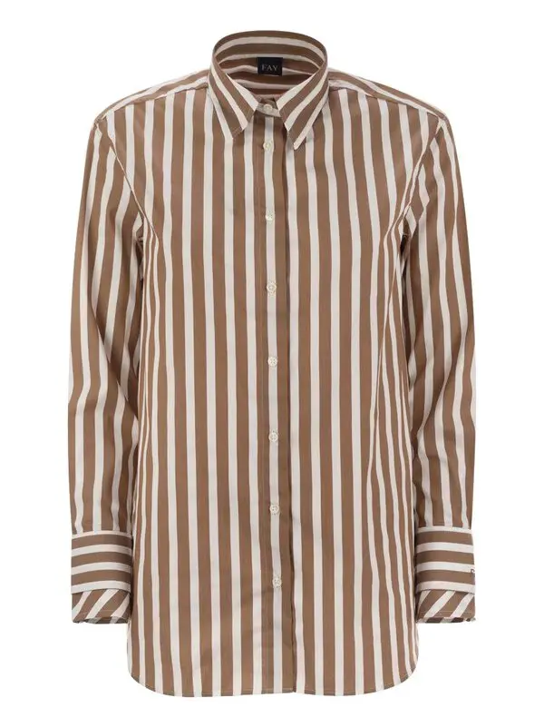 FAY Regular Striped Stretch Cotton Shirt - Brown