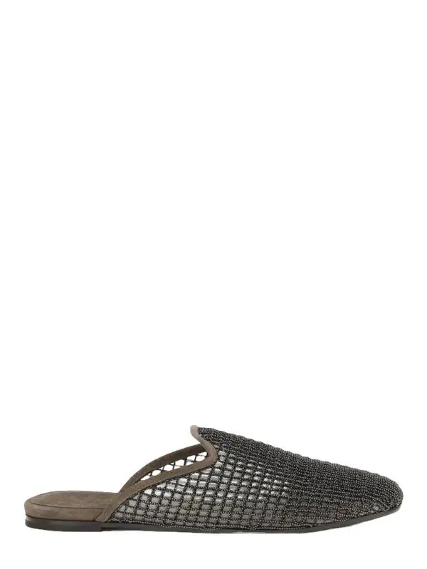 Brunello Cucinelli Suede Mules With Net Embroidery - Grey