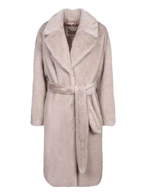 Herno Belted Coat With Faux Fur - White