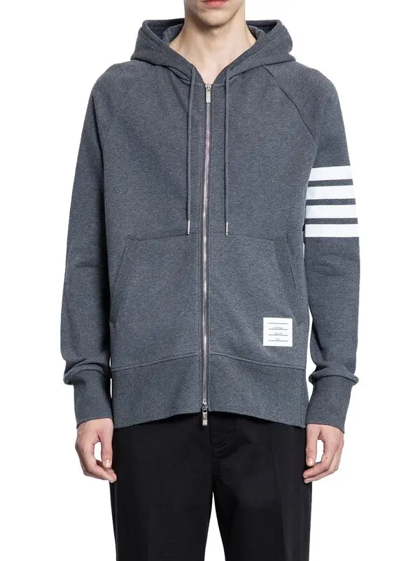 Thom Browne Full Zip Hoodie With 4-bar Detail - Grey