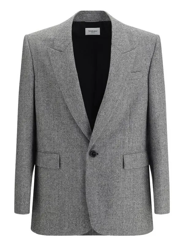 Saint Laurent Prince De Wales Wool Flannel Blazer - Grey
