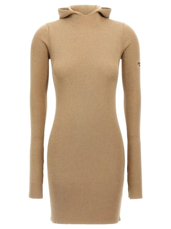 Fendi Ribbed Wool And Silk Hooded Dress - Beige
