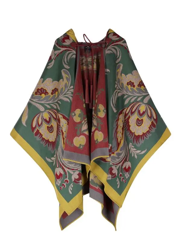 Etro Floral Paisley Wool-blend Jacquard Poncho - Dark Background Printing
