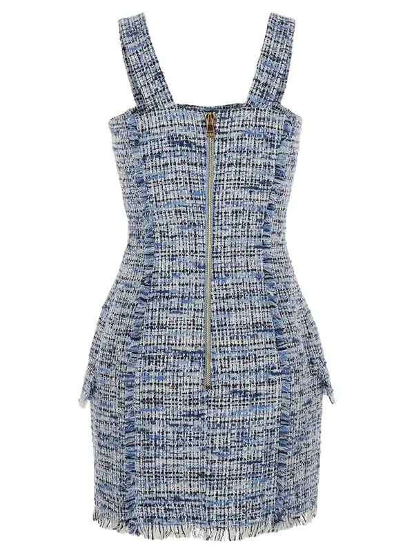 Balmain Tweed Dress With Frayed Details - Blue