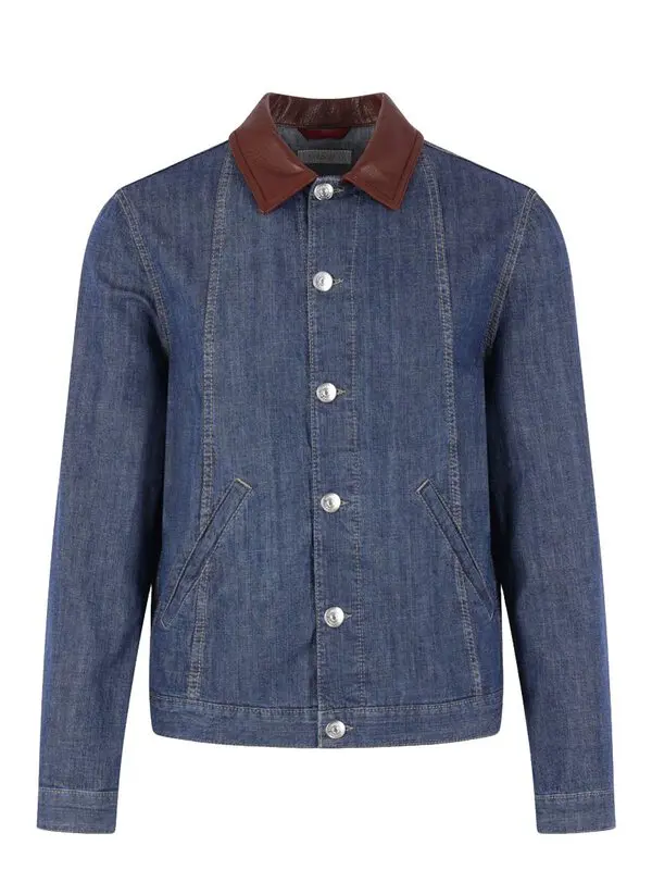 Brunello Cucinelli Denim Jacket With Leather Collar - Dark+bruised Denim