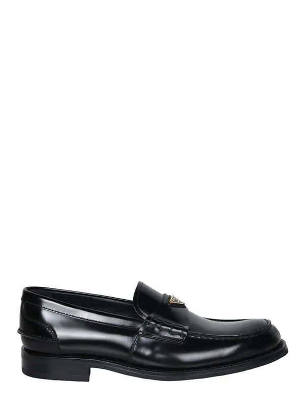 Prada Glossy Leather Loafers With Gold Logo - Black
