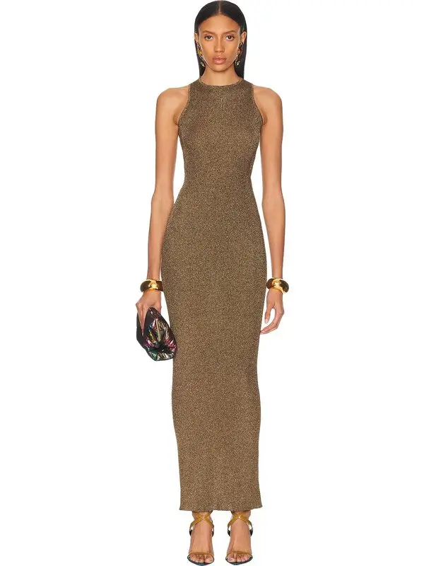 Saint Laurent Sleeveless Long Dress In Metallic - Noir & Or