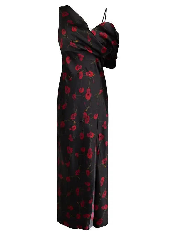 NICHOLAS Off-the-shoulder Floral-print Silk-blend Satin Midi Dress - Black