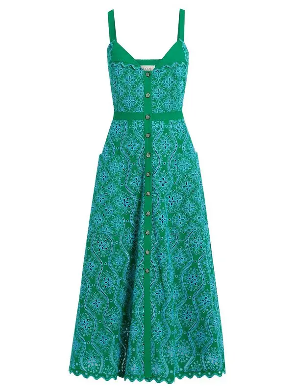 Saloni Fara Broderie Anglaise Cotton Midi Dress - Turquoise