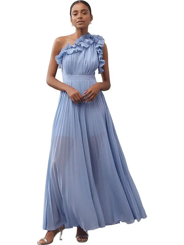 Dress The Population One-shoulder Pleated Chiffon Maxi Dress - Blue