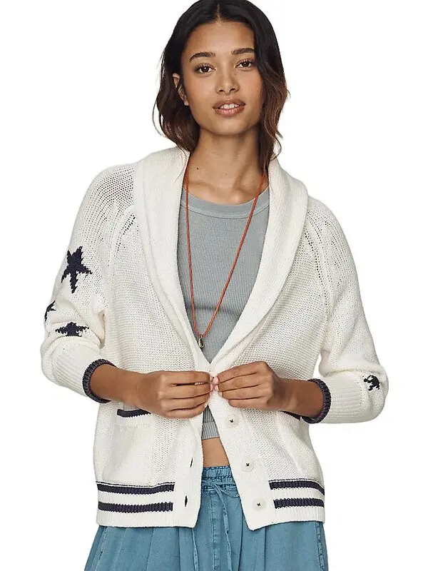 Maeve Shawl Collar American Flag Cardigan Sweater - Ivory Pattern