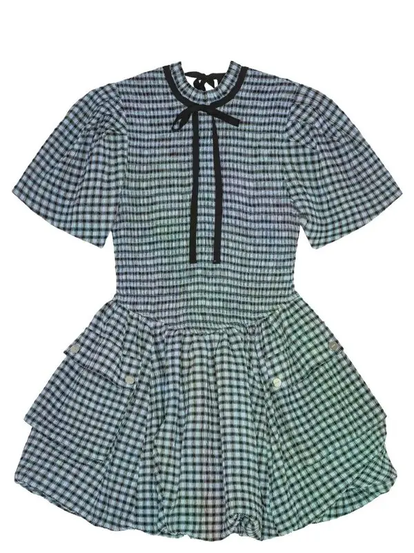 GANNI Checked Seersucker Mini Dress - Blue