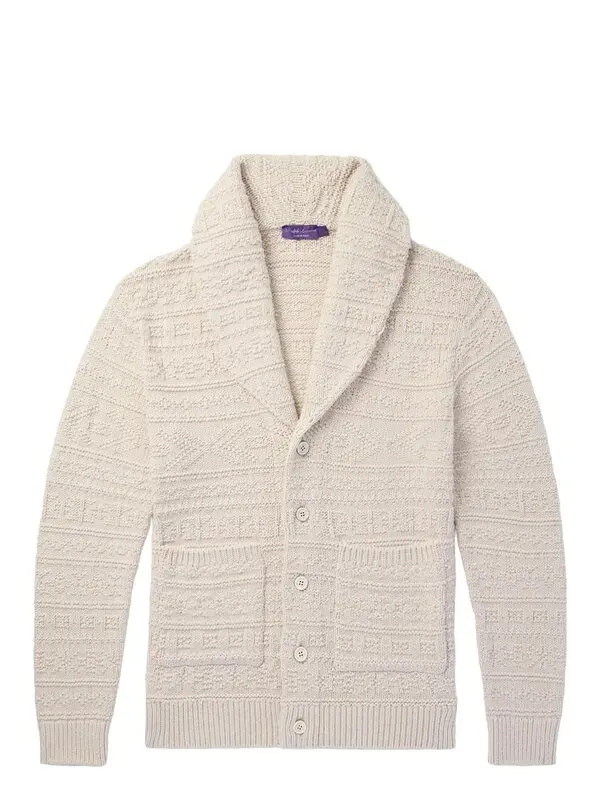 Ralph Lauren Purple Label Shawl-collar Textured Cotton And Wool-blend Cardigan - Neutrals