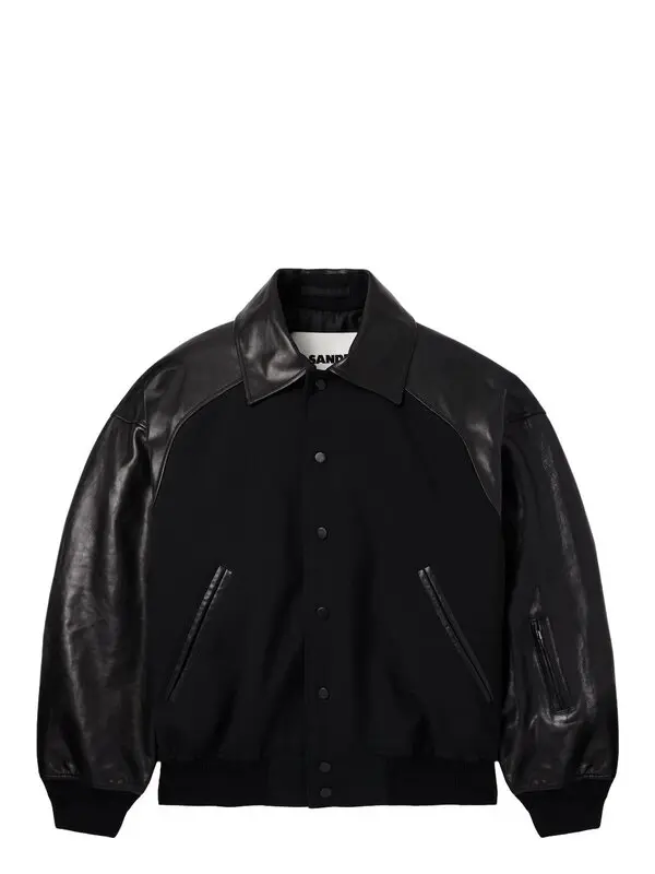 JIL SANDER Oversized Leather-trimmed Wool Varsity Jacket - Black
