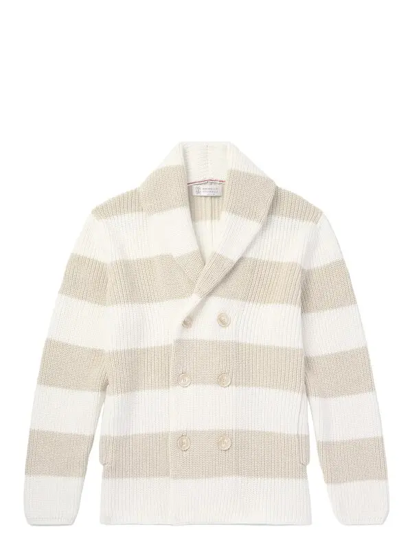 Brunello Cucinelli Slim-fit Double-breasted Shawl-collar Striped Cotton Cardigan - Neutrals