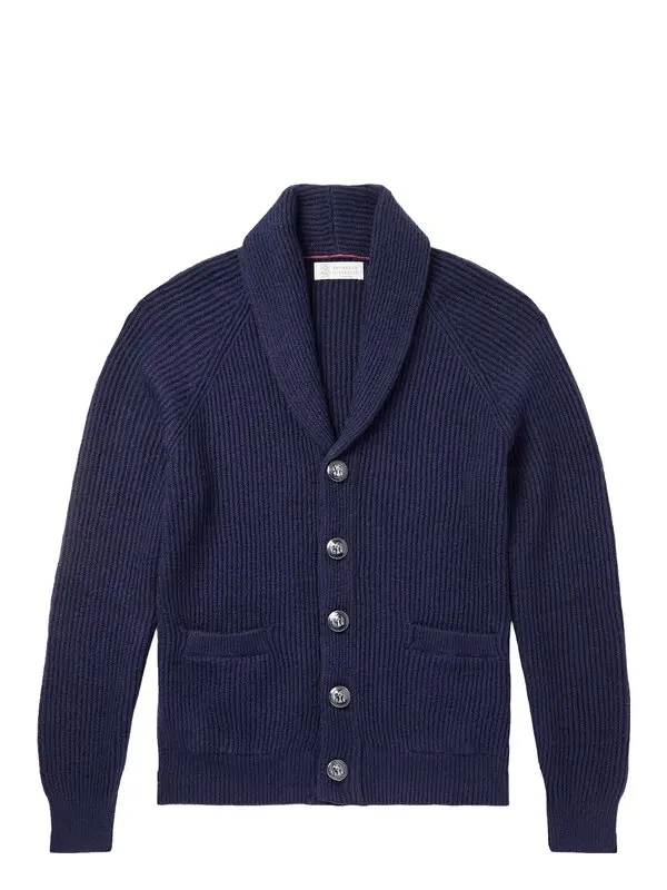 Brunello Cucinelli Shawl-collar Ribbed Cotton Cardigan - Blue
