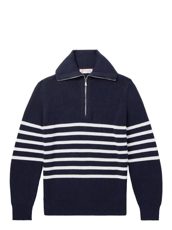 Brunello Cucinelli Striped Ribbed Cotton Half-zip Sweater - Blue