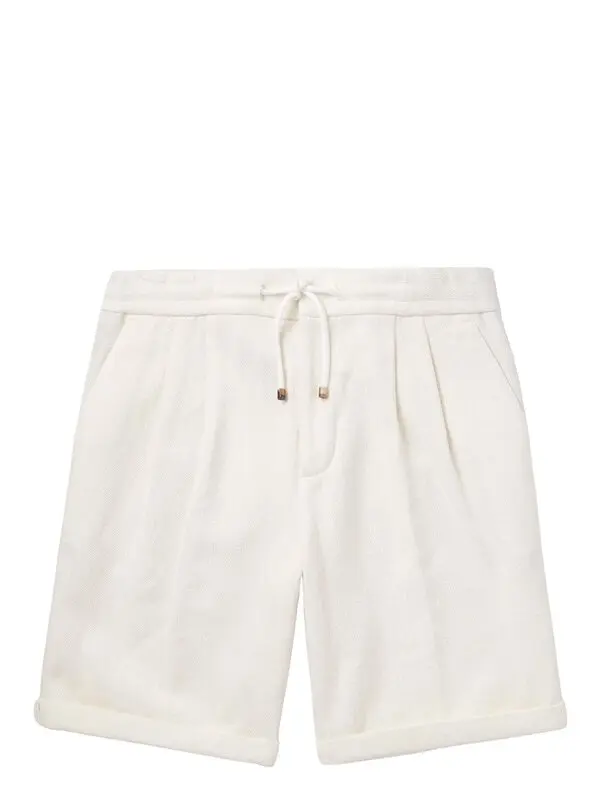 Brunello Cucinelli Straight-leg Pleated Cotton And Linen-blend Bermuda Shorts - White