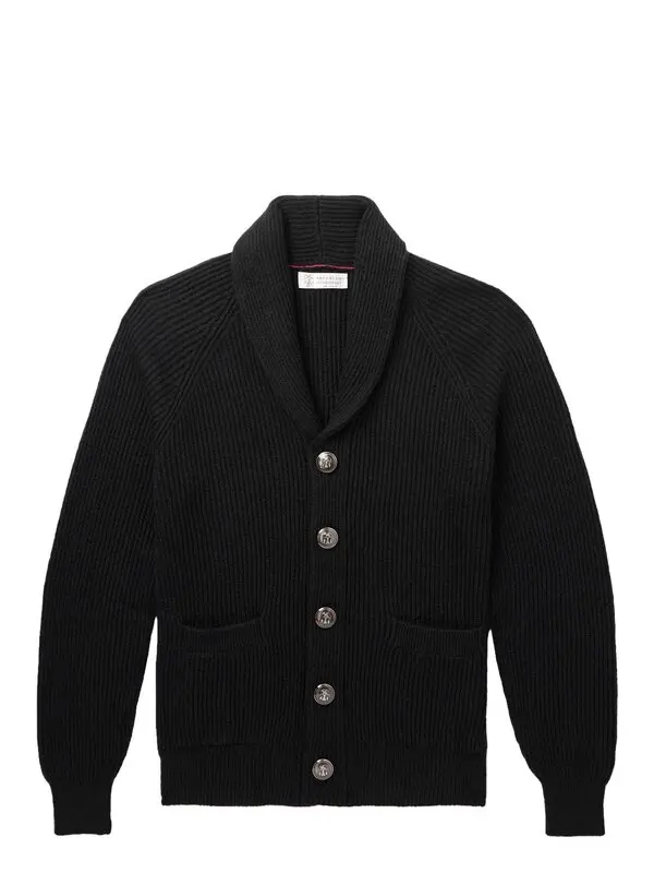 Brunello Cucinelli Shawl-collar Ribbed Cotton Cardigan - Black