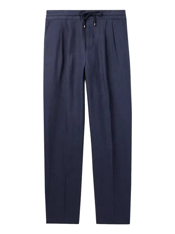 Brunello Cucinelli Tapered Pleated Linen Drawstring Trousers - Blue