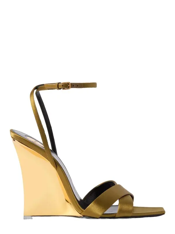 Saint Laurent Lucienne Leather-trimmed Satin Wedge Sandals - Gold