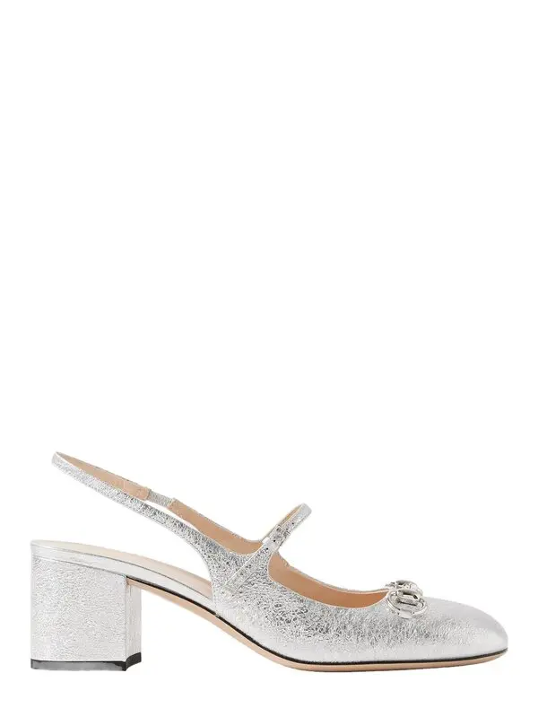 Gucci Lady Horsebit Metallic Leather Mary Jane Pumps - Silver