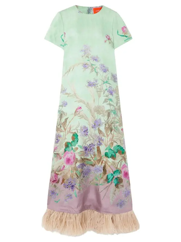La DoubleJ Floral-print Maxi Dress With Feather Trim - Green