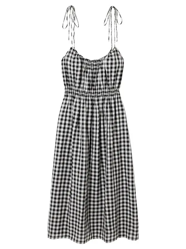 DÔEN Leslie Tie-detailed Smocked Gingham Voile Midi Dress - Black