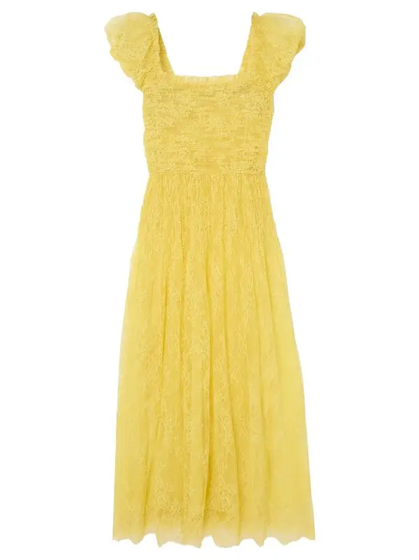 DÔEN Pamelina Ruffled Shirred Lace Midi Dress - Yellow