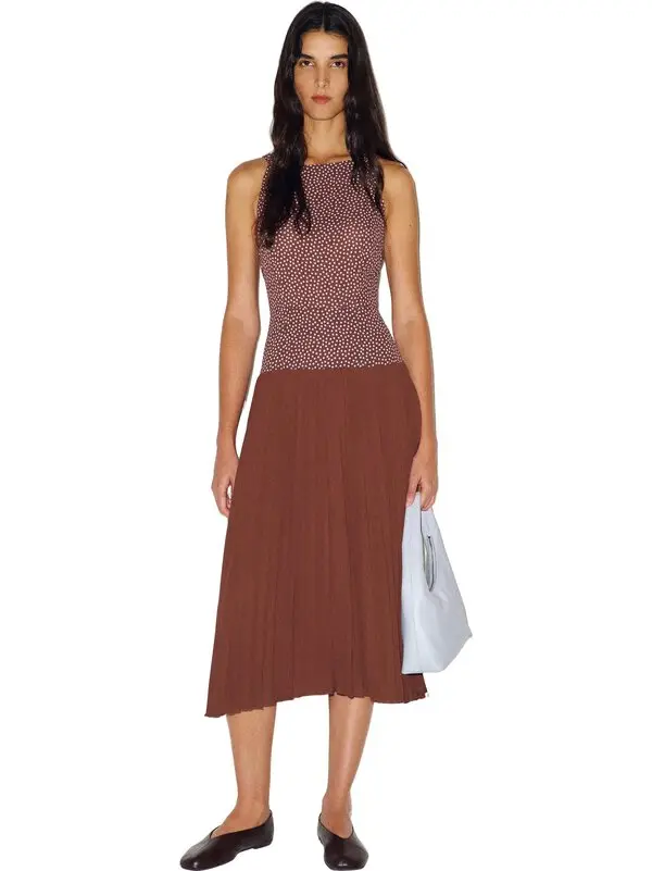 REFORMATION Sleeveless High Neck Midi Dress With Drop Waist And Pleated Skirt - Brown