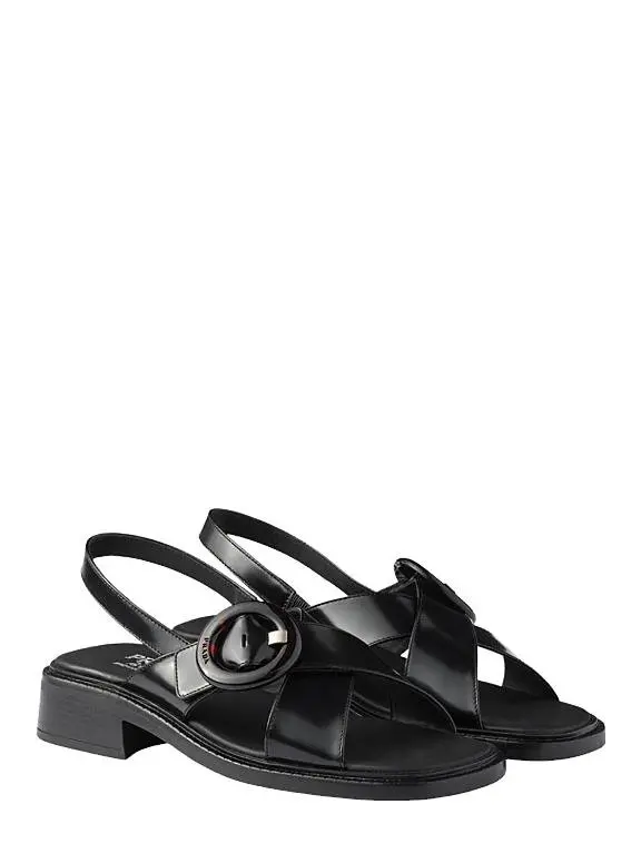 Prada Brushed Leather Buckle Sandals - Black