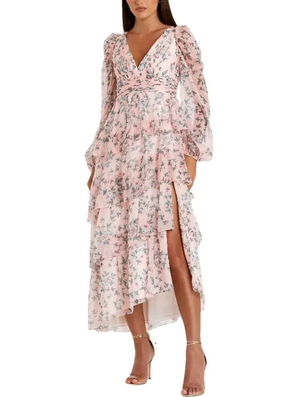 Mac Duggal Puff Sleeve Floral Printed Midi Dress - Blush Multi