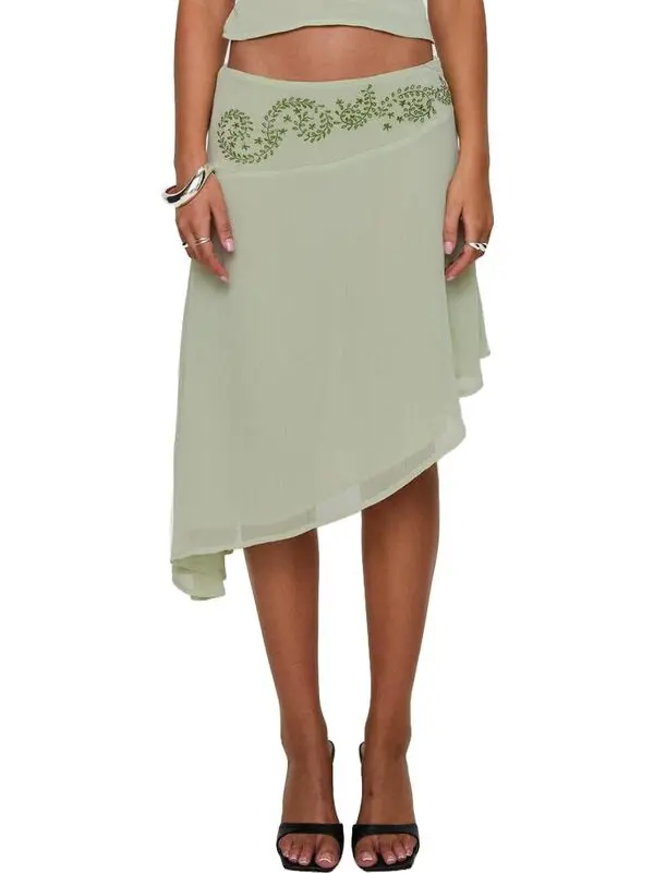 Princess Polly Embroidered Asymmetric Chiffon Skirt - Green