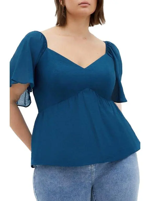City Chic Marci Flutter Sleeve Top - Poseidon