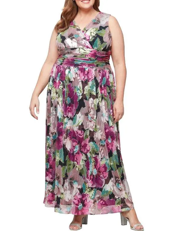 SL FASHIONS Metallic Floral Surplice Neck Gown - Pink Multi