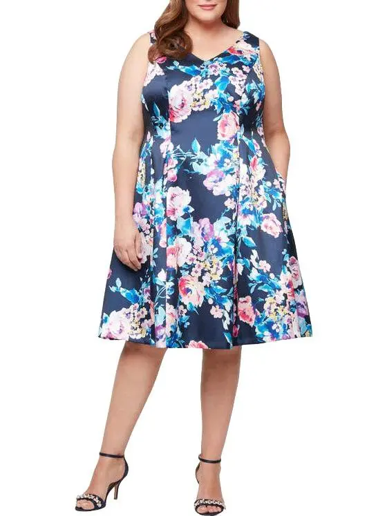 Alex Evenings Floral Fit & Flare Dress - Navy Multi