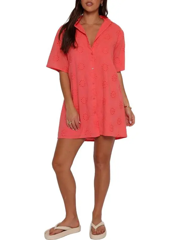 PETAL & PUP Norah Embroidered Mini Shirtdress - Coral