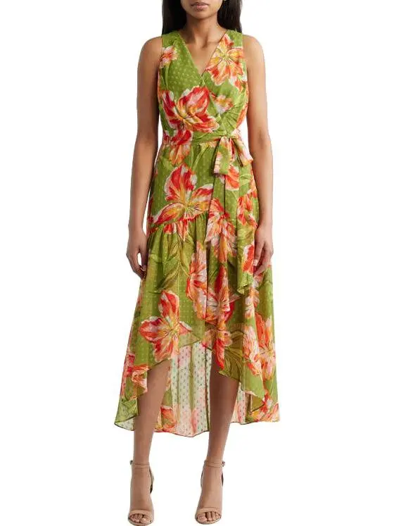 Anne Klein Floral Clip Dot High-low Faux Wrap Dress - Leafy Green Multi