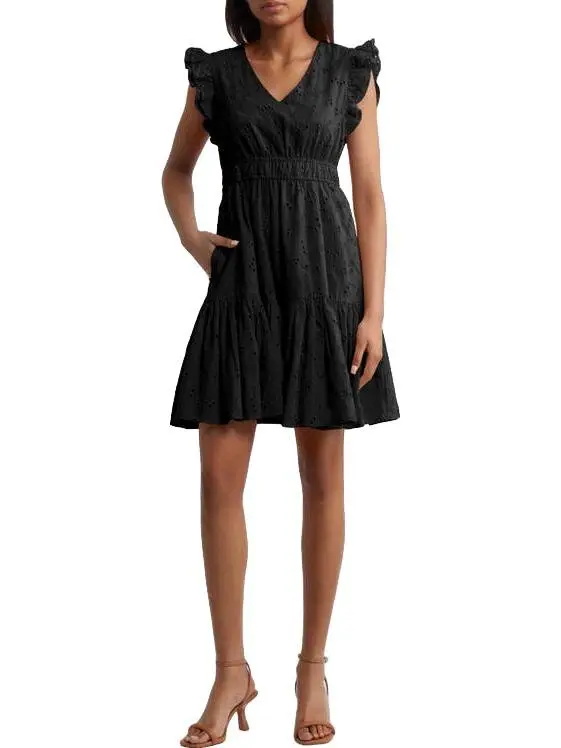 Anne Klein Embroidered Eyelet Cotton Ruffle Dress - Anne Black