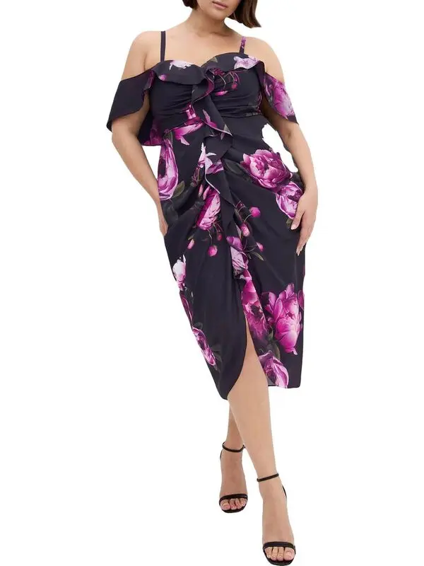 City Chic Off-the-shoulder Floral Print Midi Dress - Multi Bloom