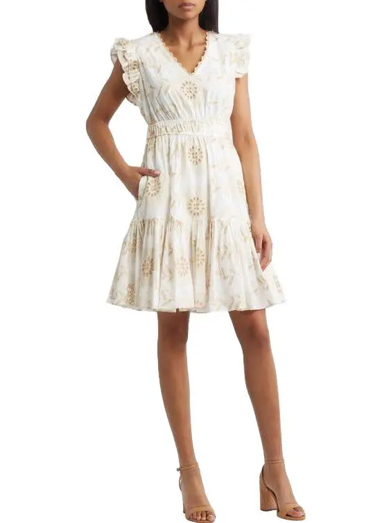 Anne Klein Embroidered Eyelet Cotton Ruffle Dress - Egret/ Desert Tan