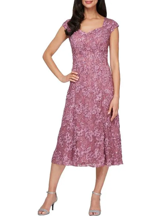 Alex Evenings Embellished Floral Soutache Lace Cocktail Dress - Dark Mauve