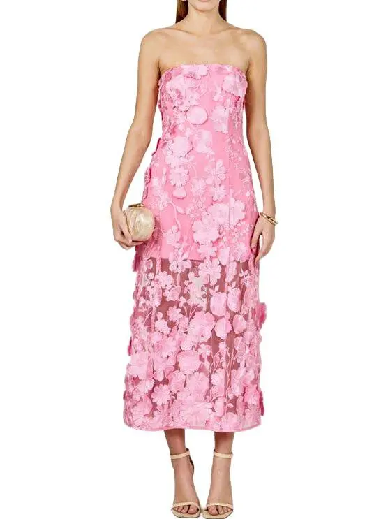 Endless Rose Floral Embroidery Strapless Dress - Peony Pink